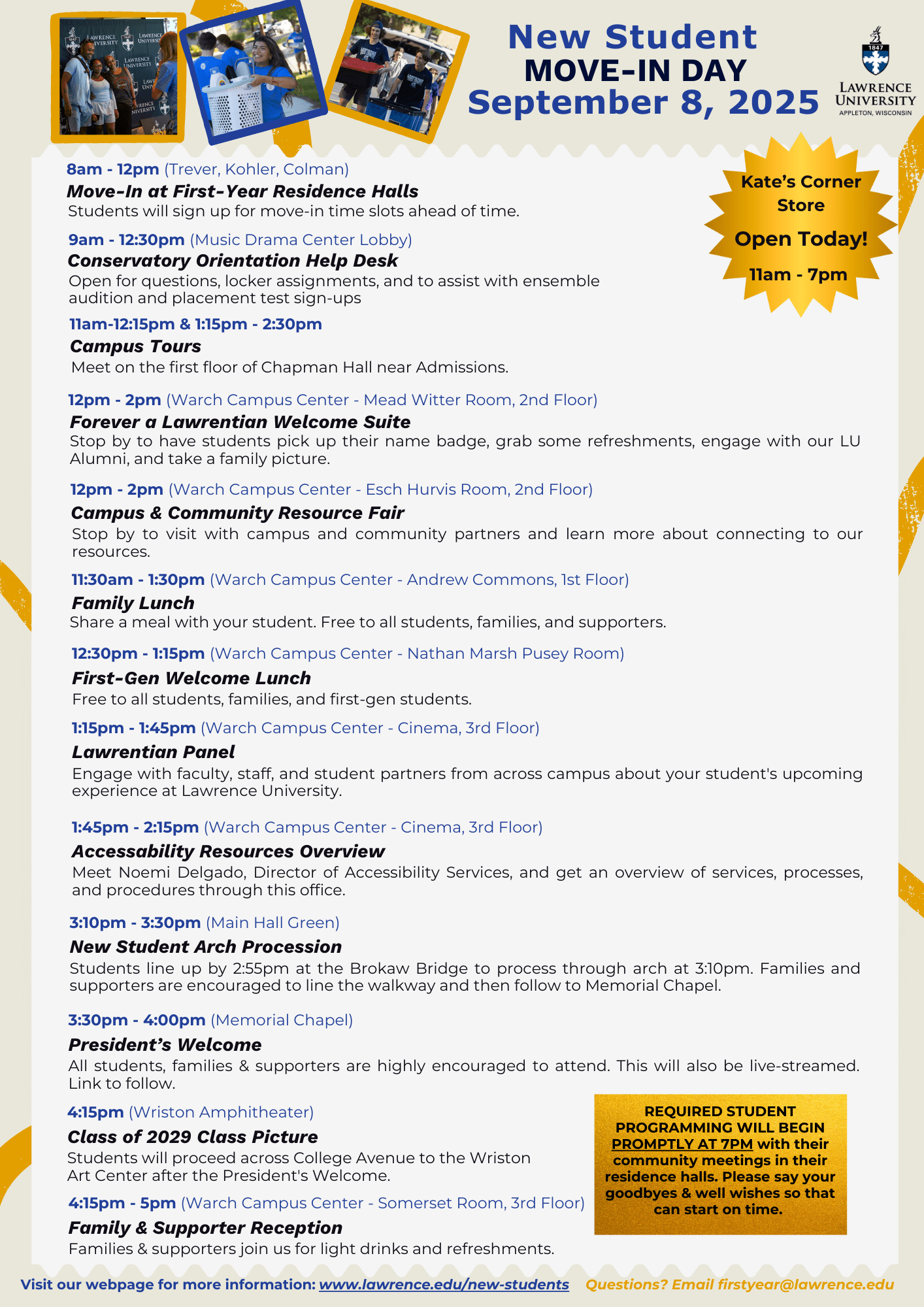 New Student Orientation Schedule | Lawrence University